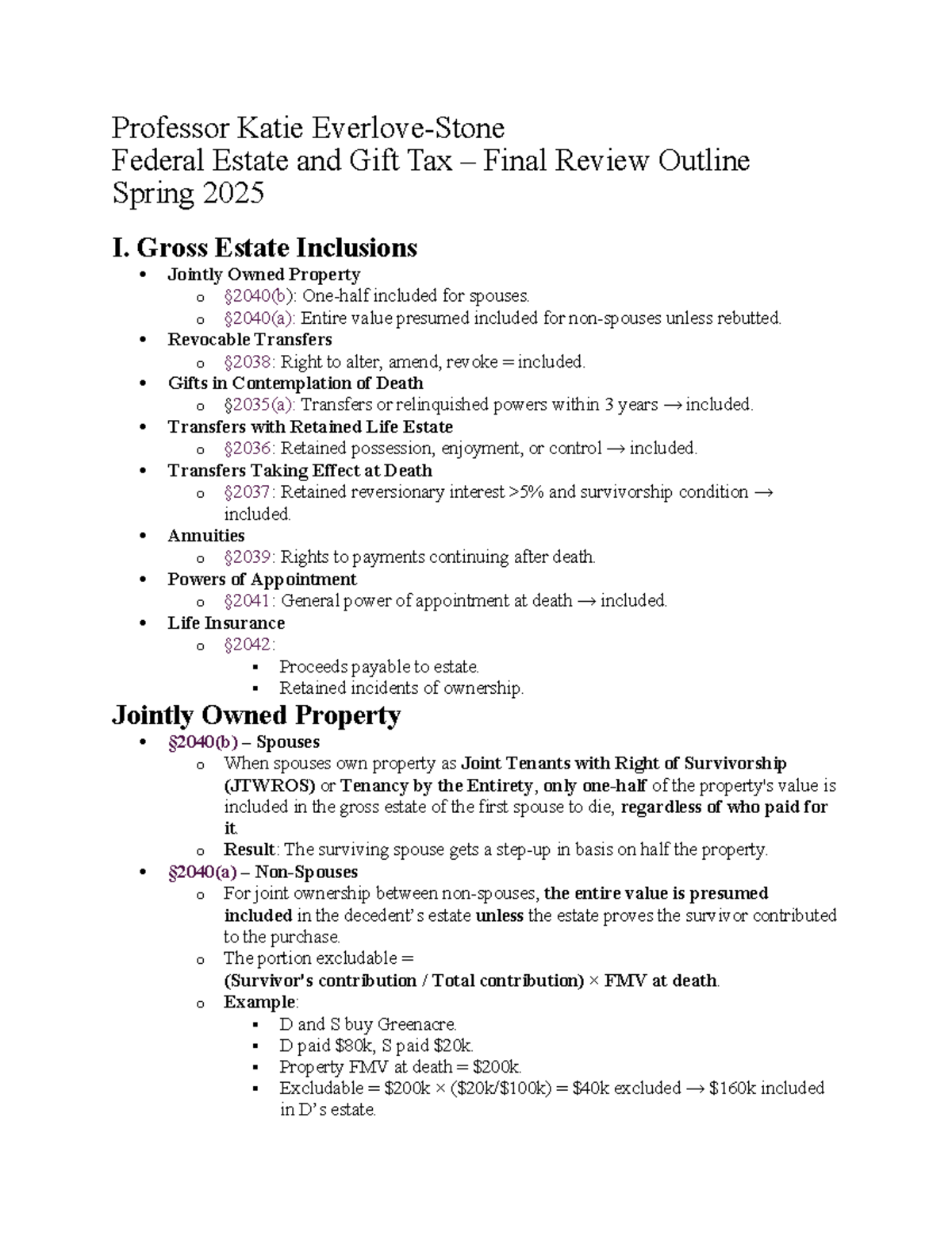Federal Estate & Gift Tax Final Review Outline (Spring 2025) - Studocu