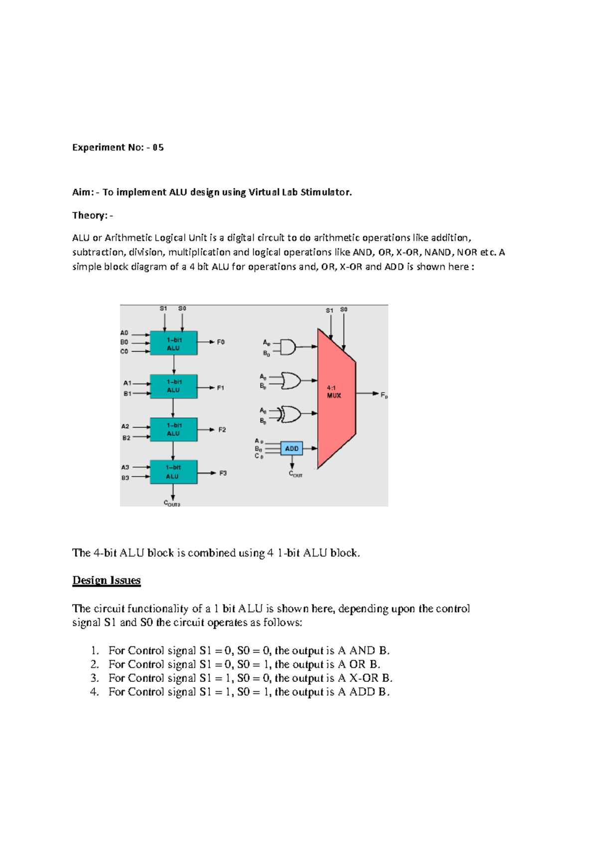Dlcoa exp 5 - Experiment No: - 05 Aim: - To implement ALU design using Virtual Lab Stimulator ...