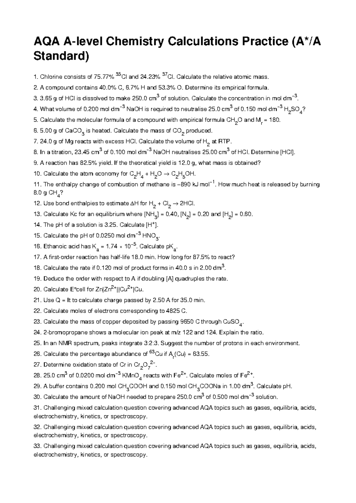AQA A Level Chemistry Calculations Practice for A* Students - Studocu