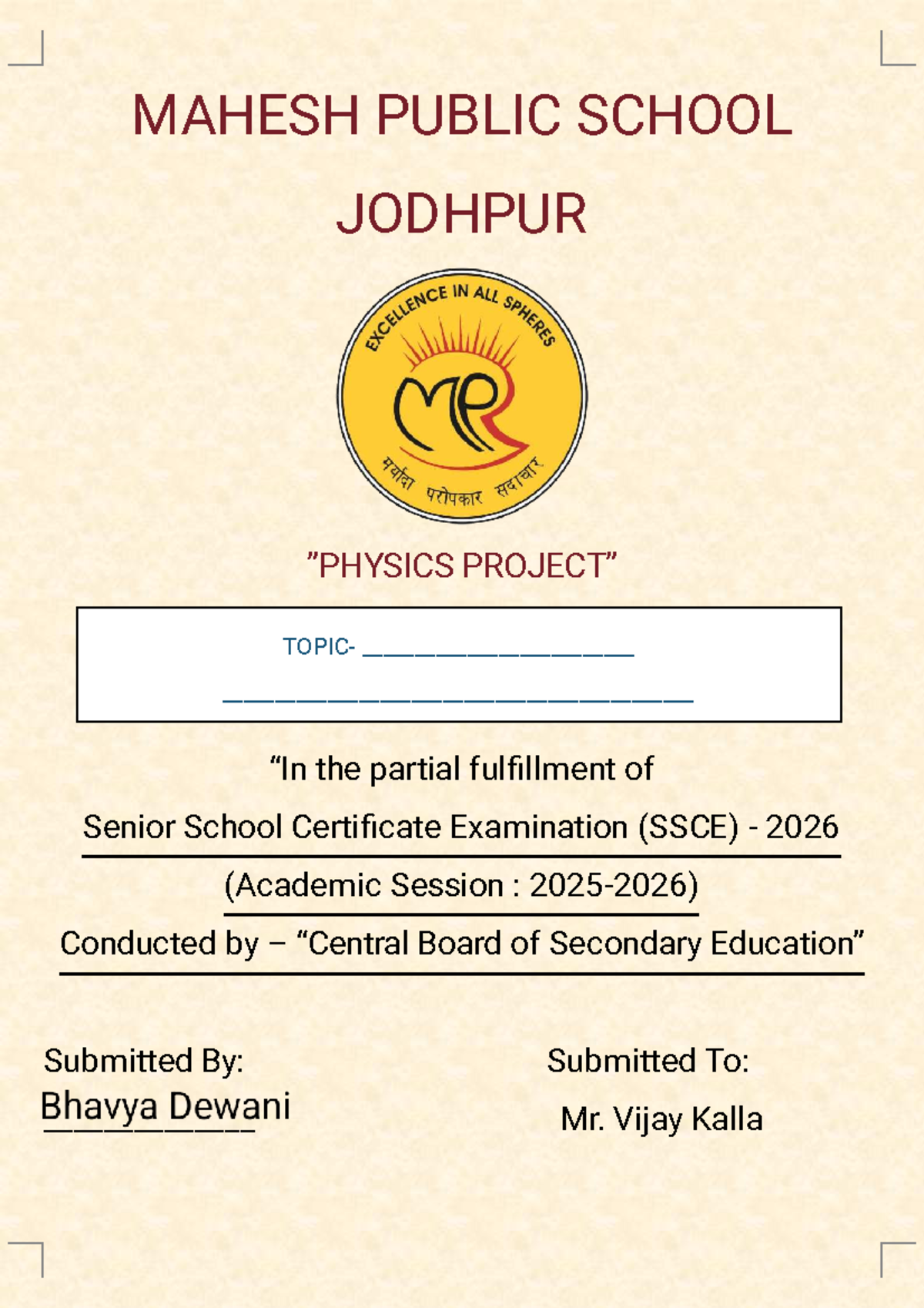 Front Page - Physics Project Report-1 - JEE practice PYQs - MAHESH ...