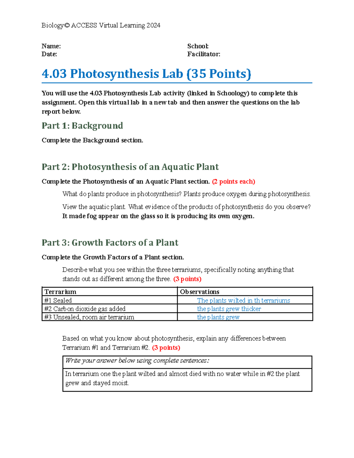 ACCESS Virtual Learning 2024: 4.03 Photosynthesis Lab Report - Studocu