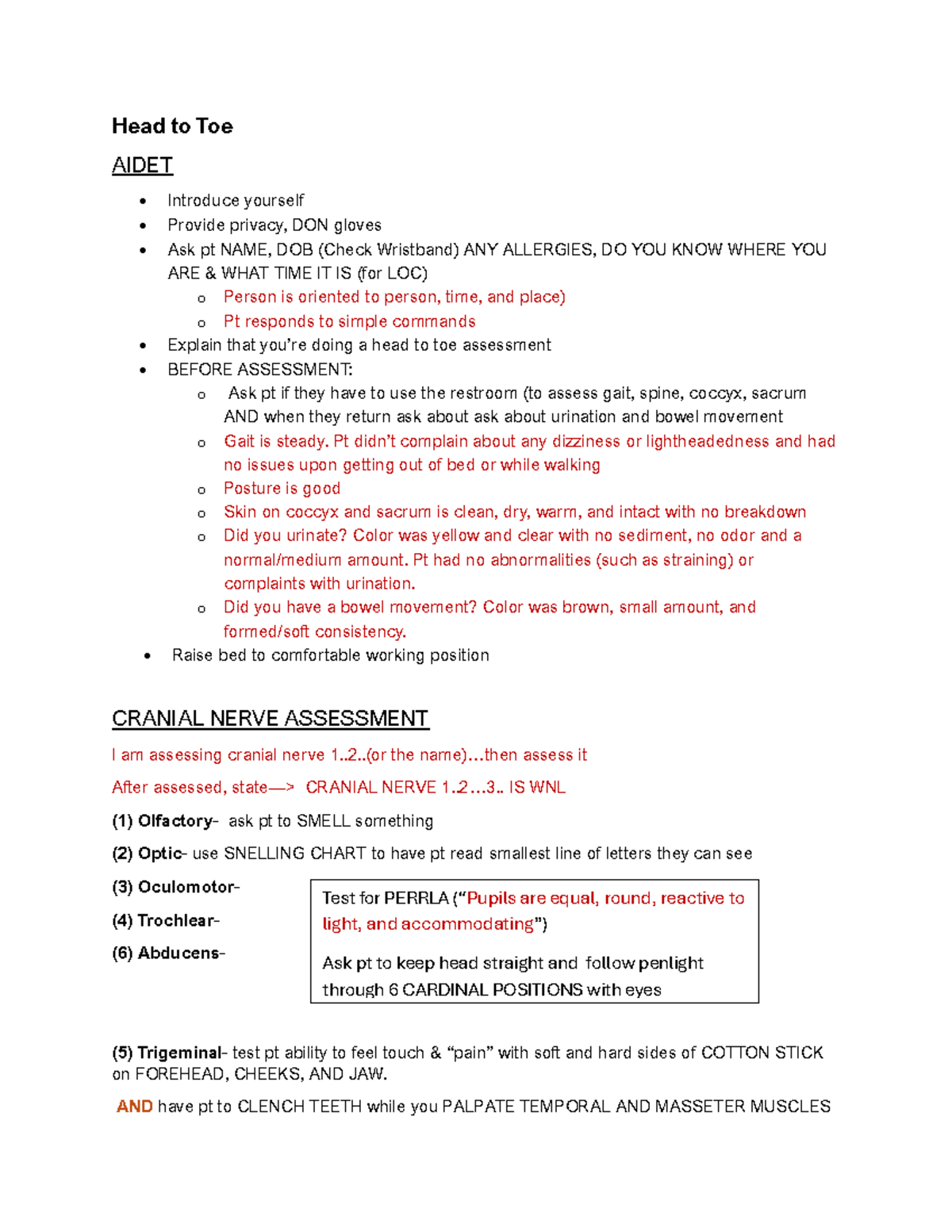 Comprehensive Head to Toe Assessment Guide - MedSurg CPE - Studocu