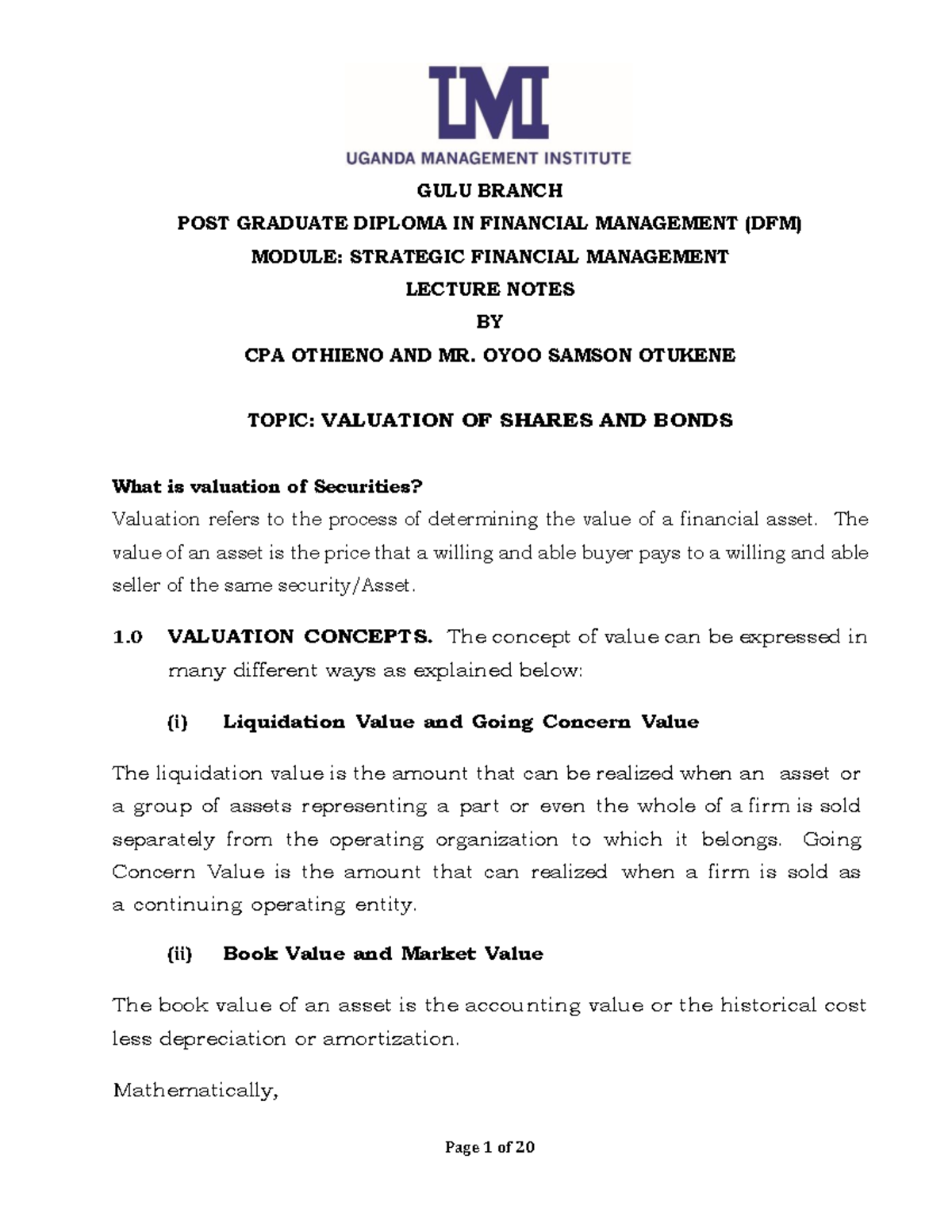 Lecture Notes ON Valuation OF Shares AND Bonds - GULU BRANCH POST ...