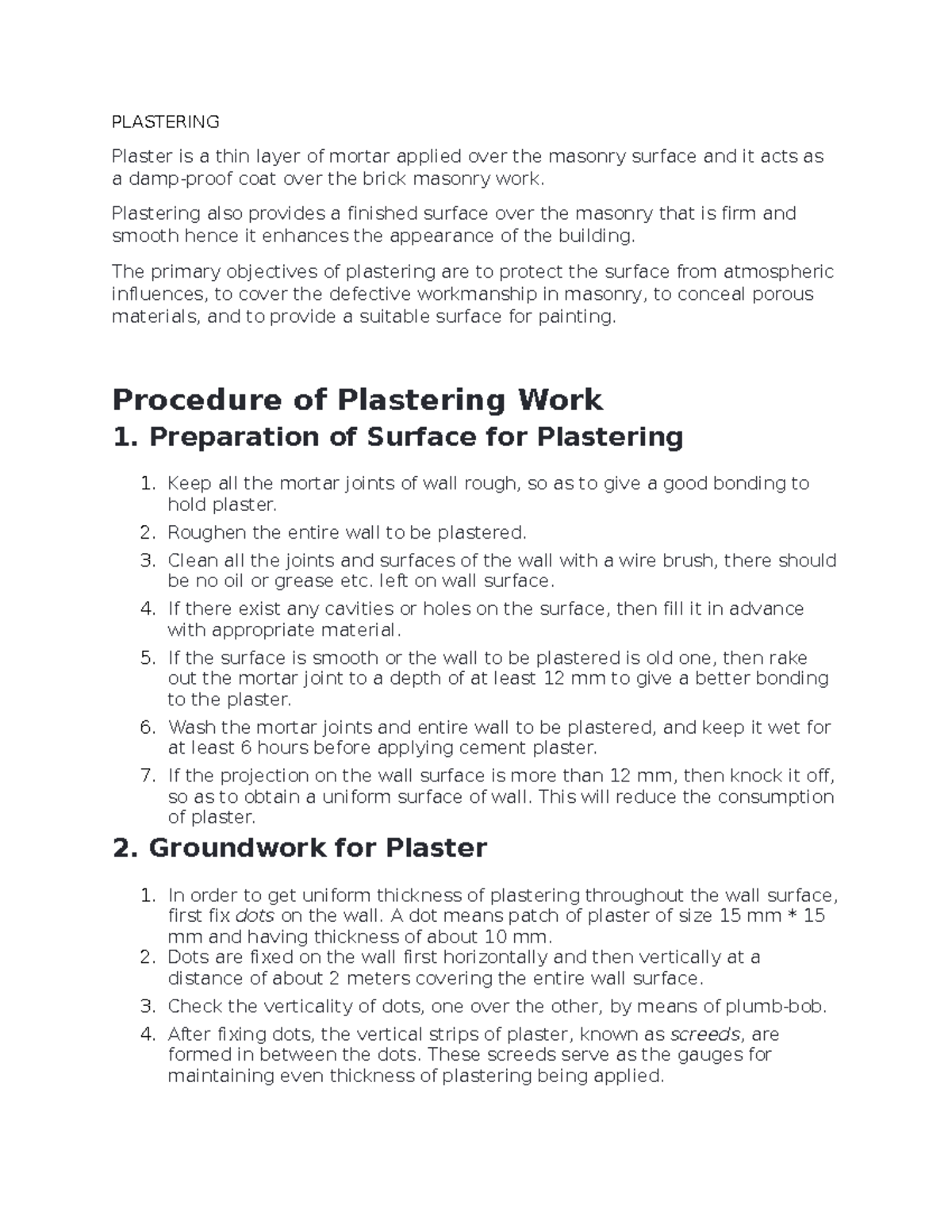 Plastering Procedure and Techniques - Study Notes - Studocu