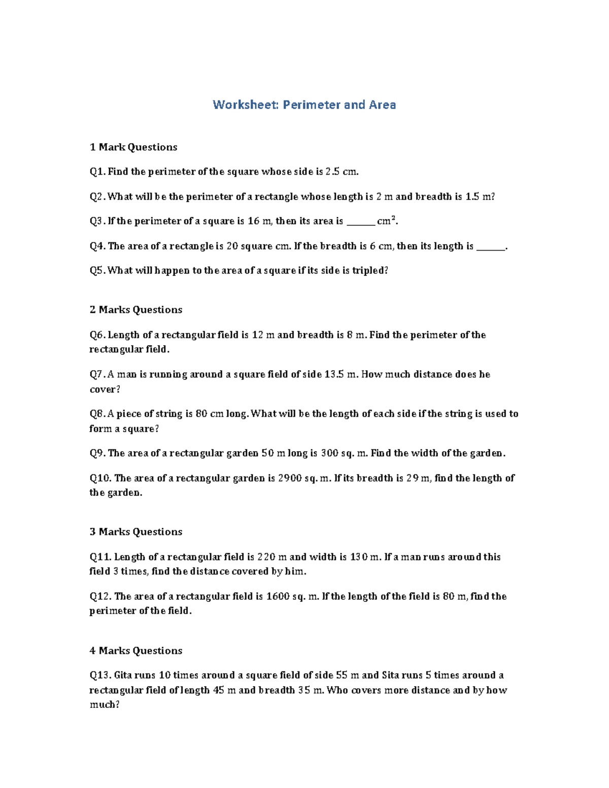 Perimeter and Area Worksheet: 1-4 Mark Questions - Studocu