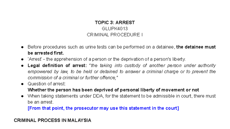 GLUPK4013 Criminal Procedure I: Understanding Arrest Procedures - Studocu