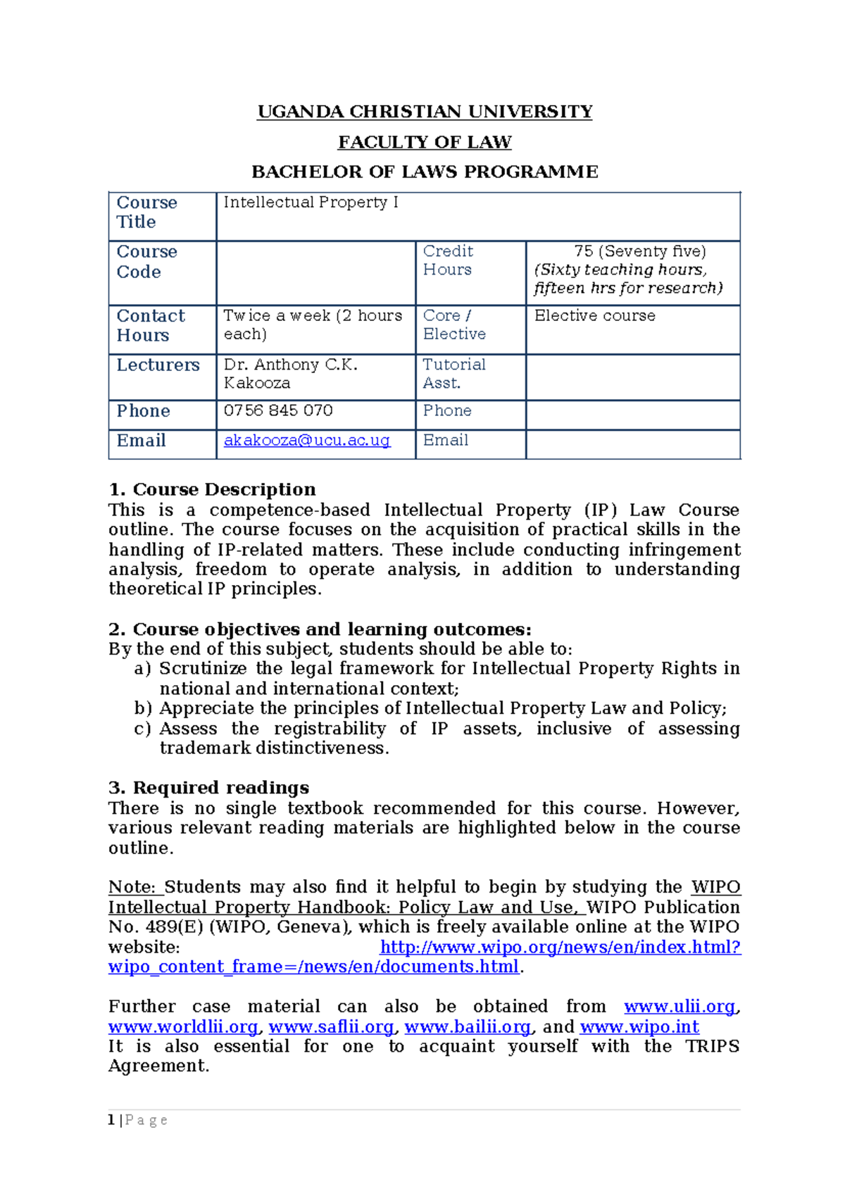 UCU IP I 2026 Course Outline: Intellectual Property Law Overview - Studocu