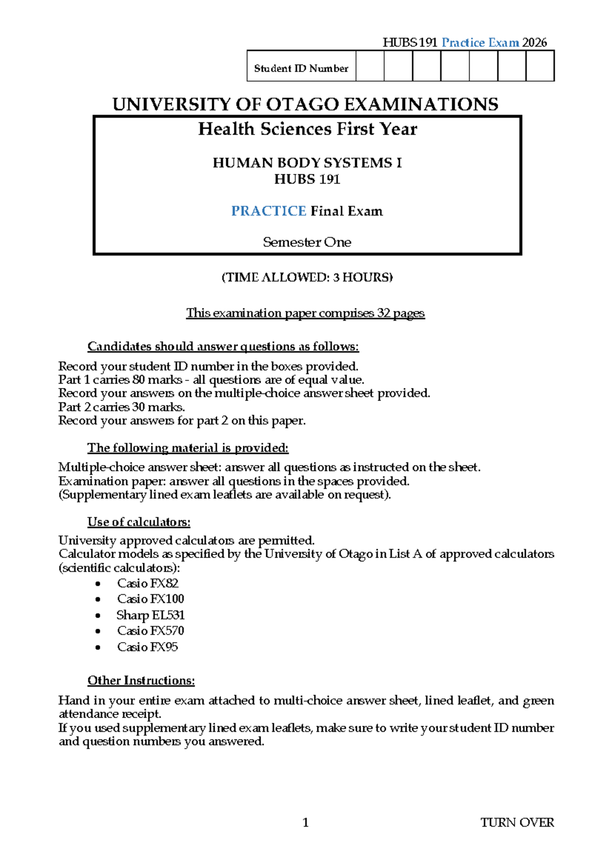HUBS 191 2026 Practice Final Exam for Health Sciences Students - Studocu