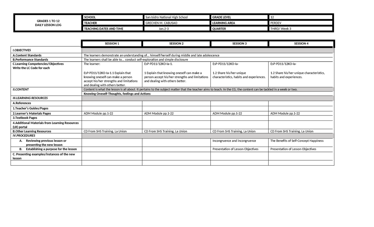 Perdev Week 3 - DLP - GRADES 1 TO 12 DAILY LESSON LOG SCHOOL San Isidro ...