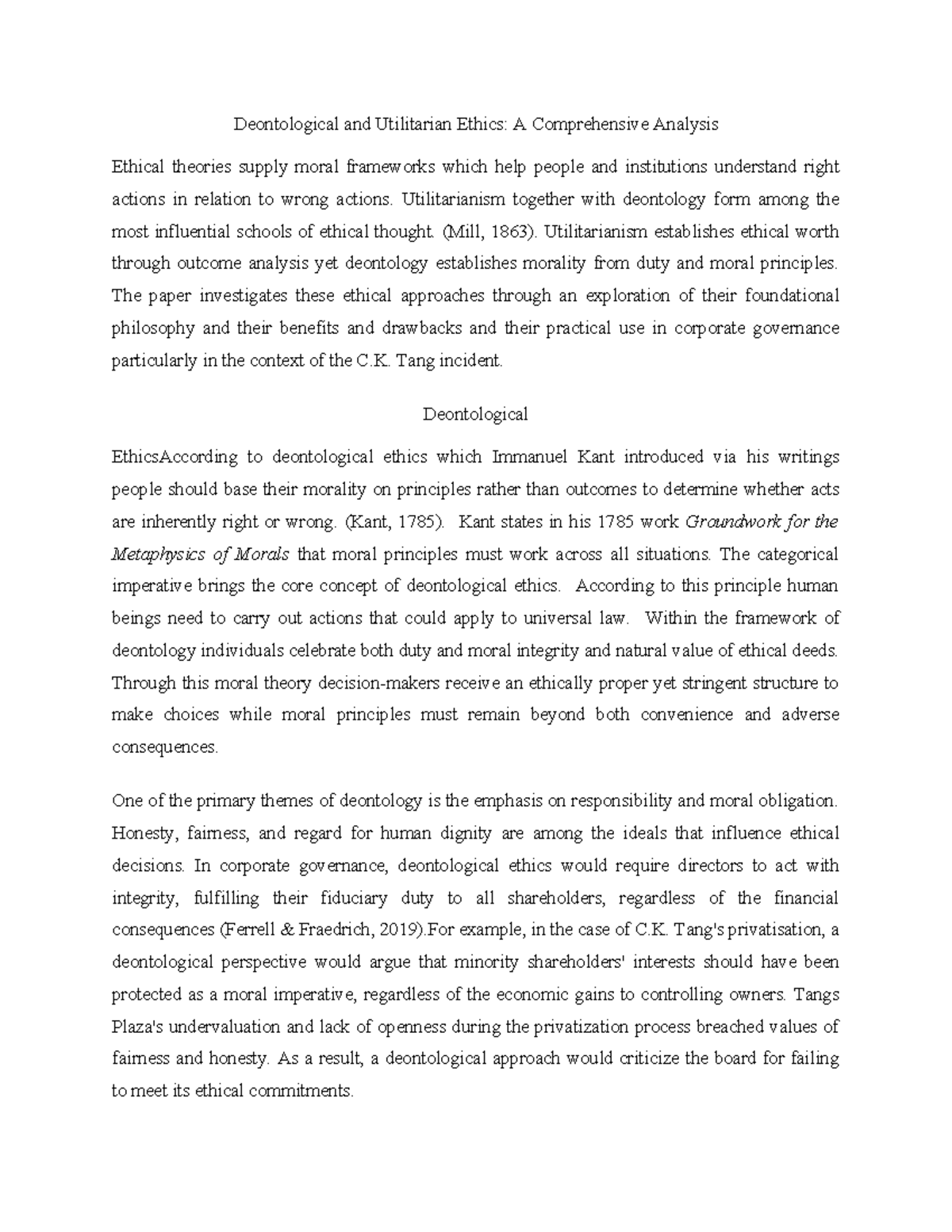 Deontological vs. Utilitarian Ethics: C. Tang Case Study Analysis Q22 ...