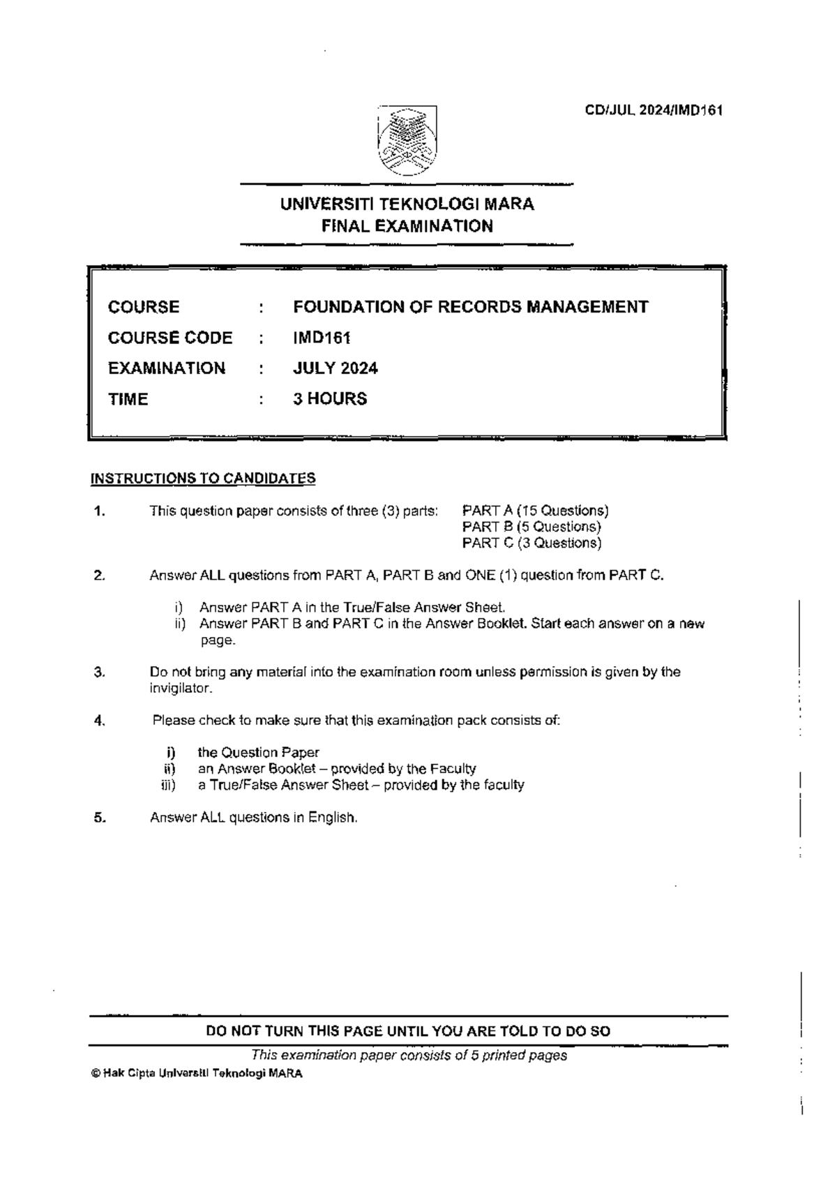 IMD161 FINAL EXAMINATION PAPER - FOUNDATION OF RECORDS MANAGEMENT - Studocu