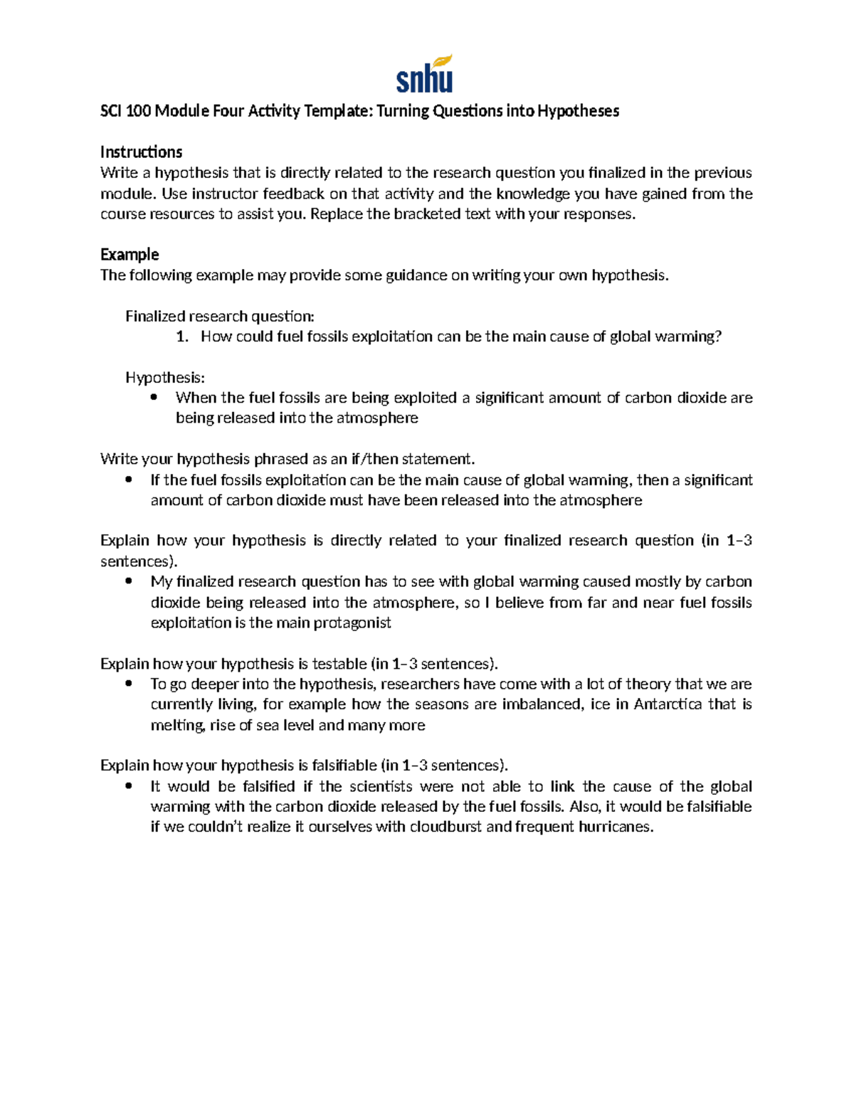 SCI 100 Module 4 Activity: Crafting Hypotheses from Research Questions ...