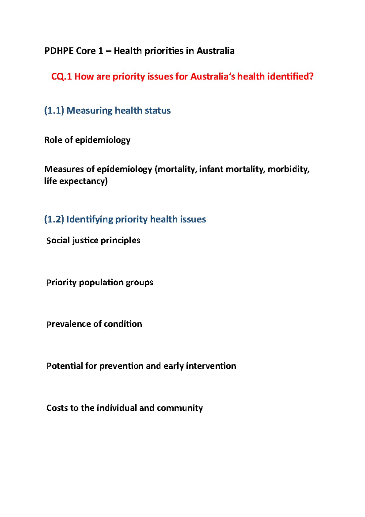PDHPE Core 1 - Health Priorities in Australia: Comprehensive Notes ...