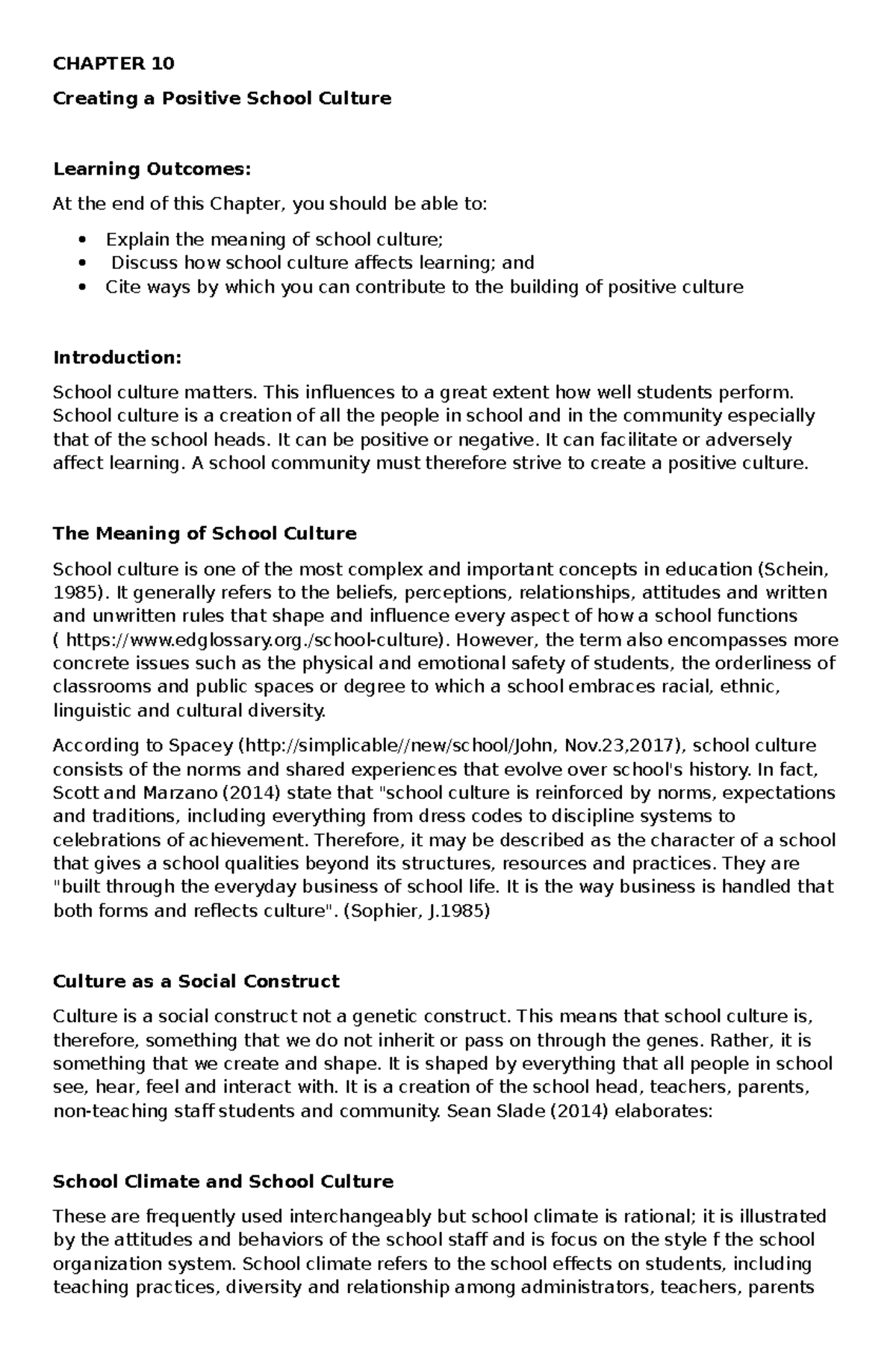 CHAPTER 10: Building a Positive School Culture - Report by Cricel & Cecille - Studocu