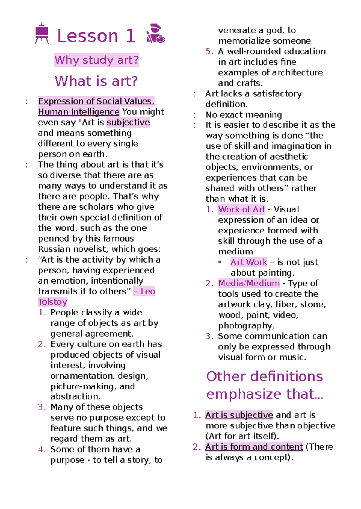 ART101 - Lecture Notes on Why Study Art - Lesson 1 Overview - Studocu