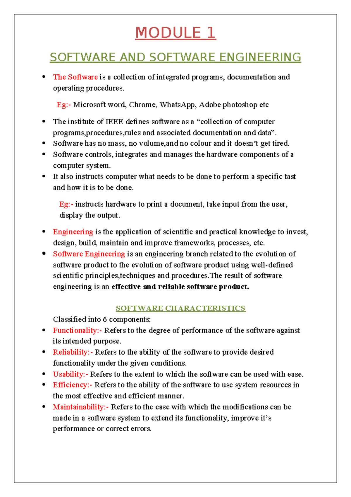 Module 1 SE B5 - Software engineering - MODULE 1 SOFTWARE AND SOFTWARE ...