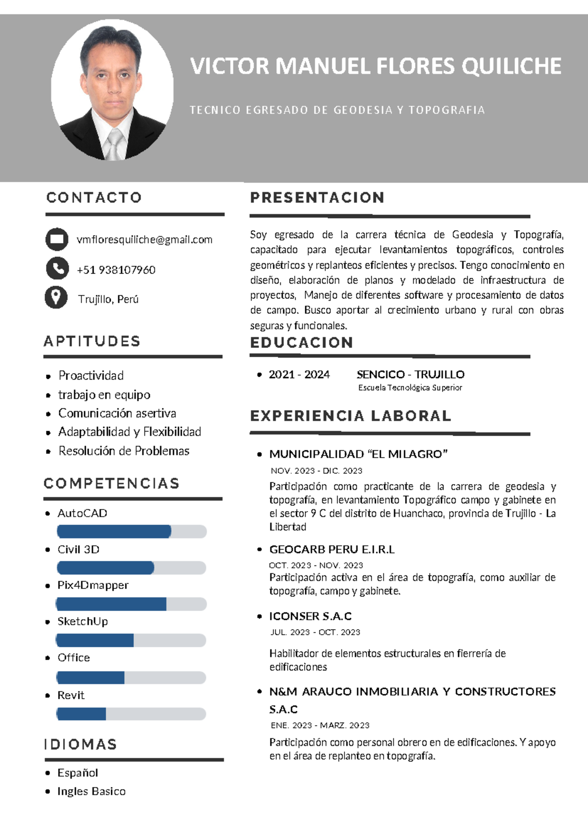Cv de Victor Manuel Flores Quiliche - Geodesia y Topografía - Studocu
