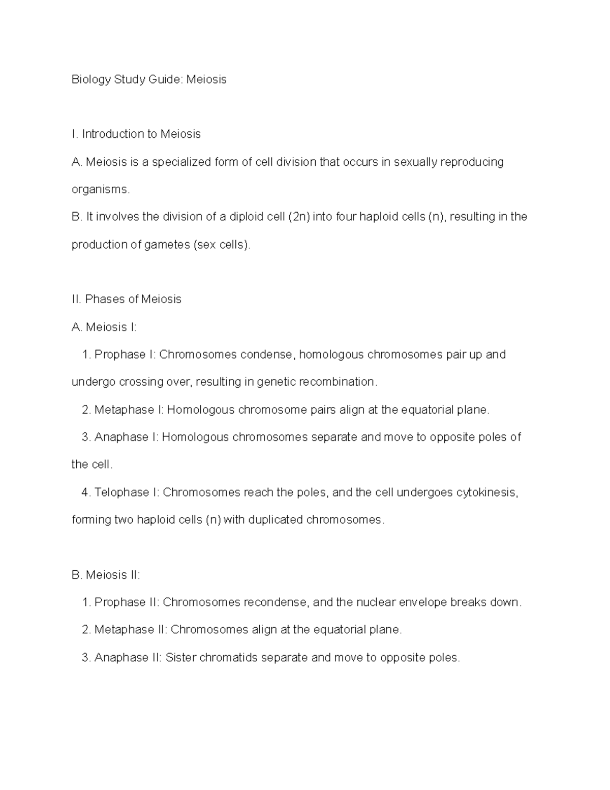 Biology Study Guide: Meiosis Overview and Key Concepts - Studocu