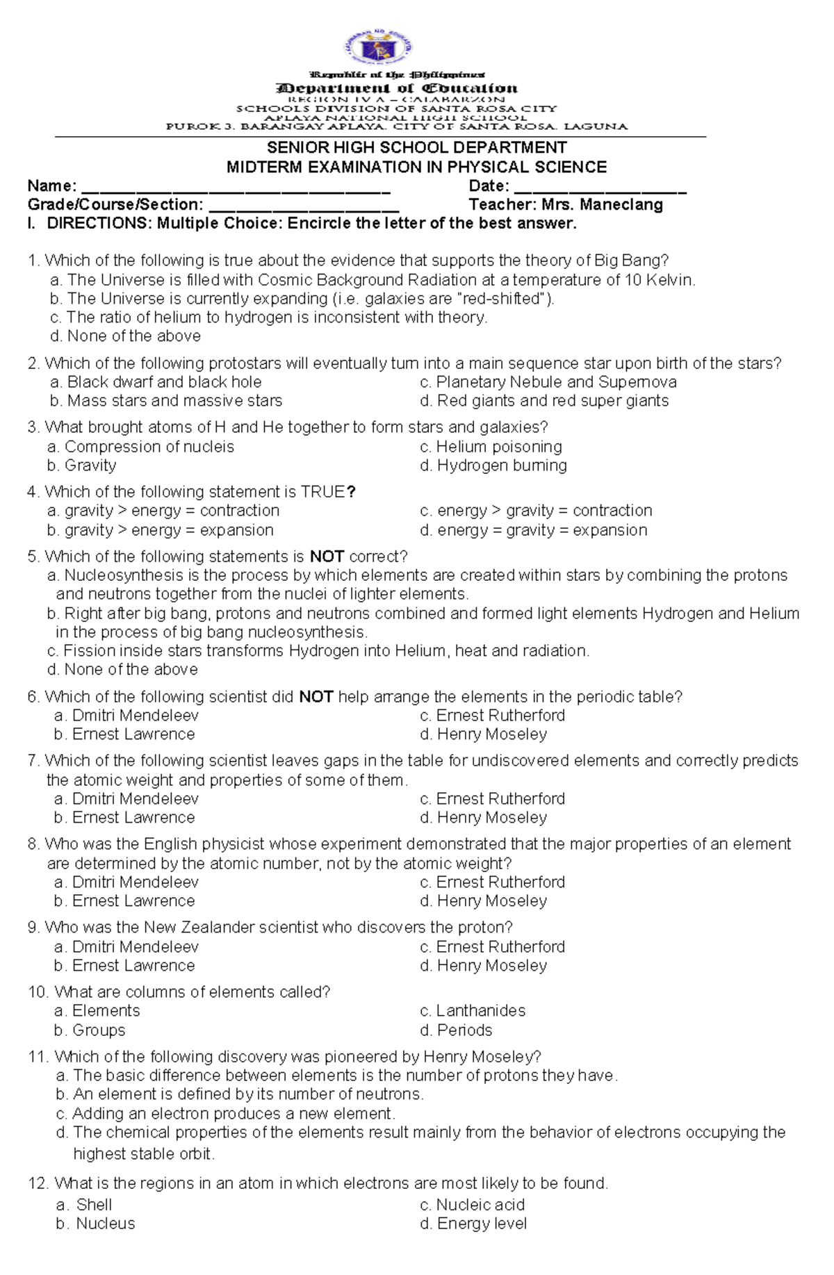 Midterm EXAM Review - PHYSICAL SCIENCE (Grade 12) - Studocu