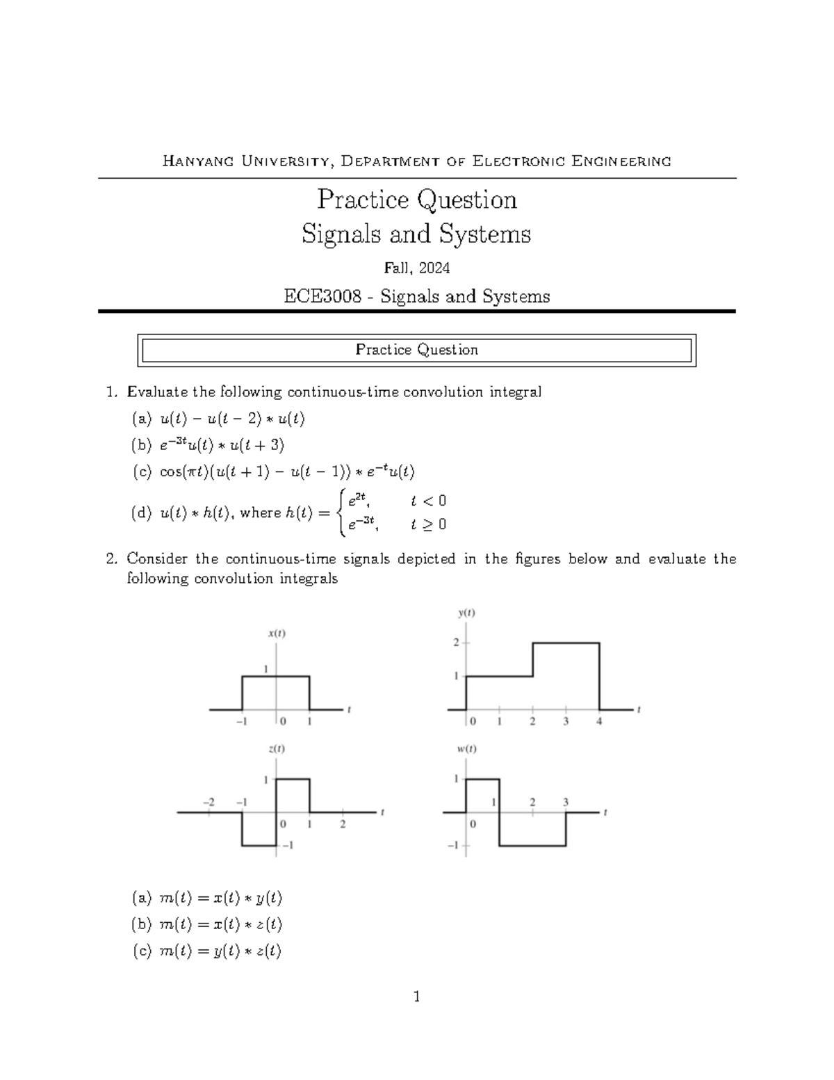 Signals and System - test practice - Hanyang University, Department of ...
