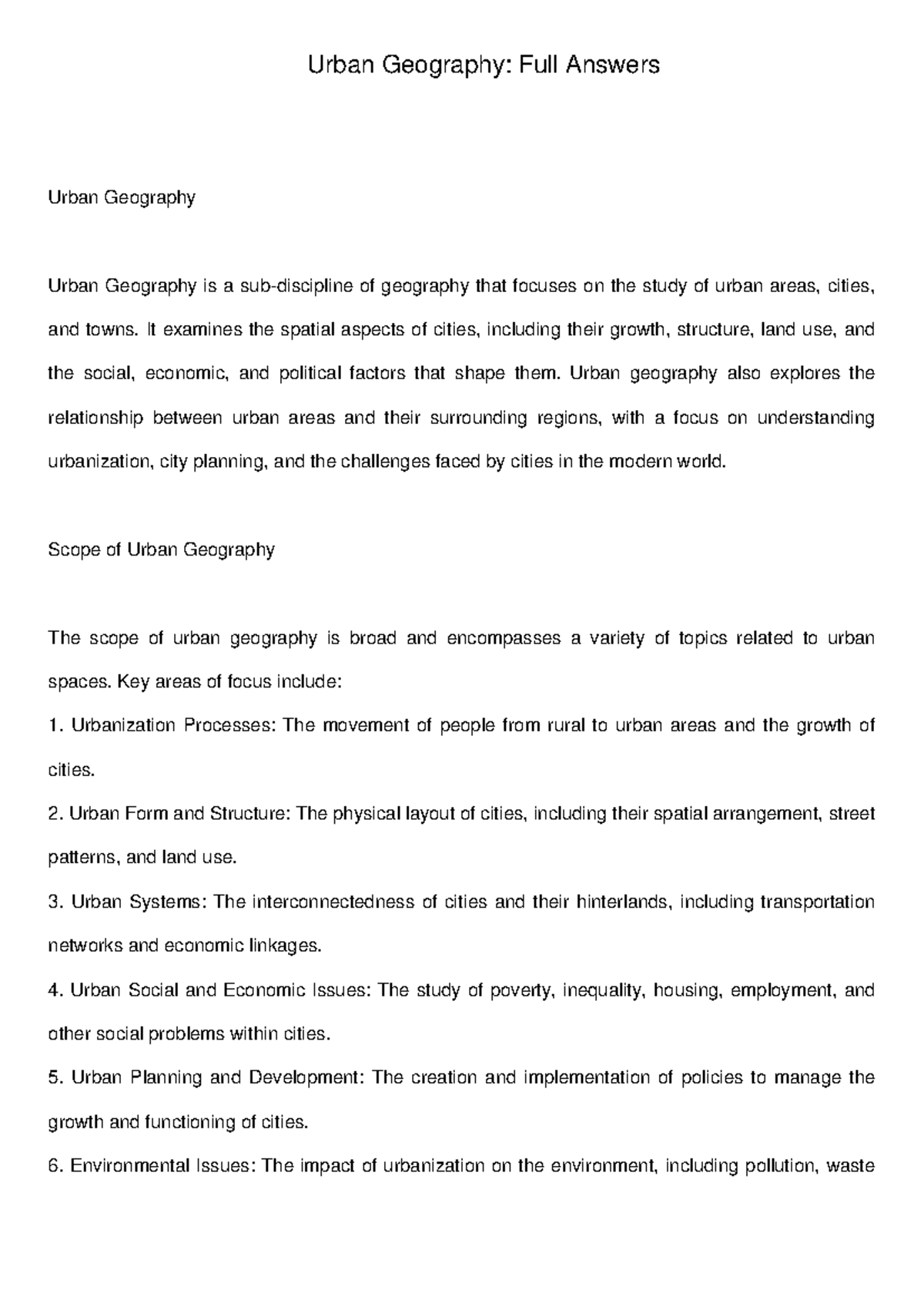 Full Urban Geography Answers - Urban Geography: Full Answers Urban ...
