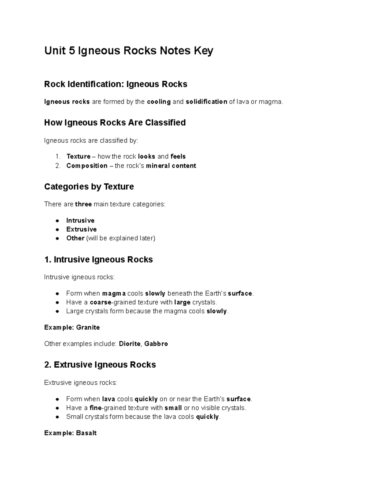 Unit 5 Igneous Rocks: Key Identification Notes and Classifications ...