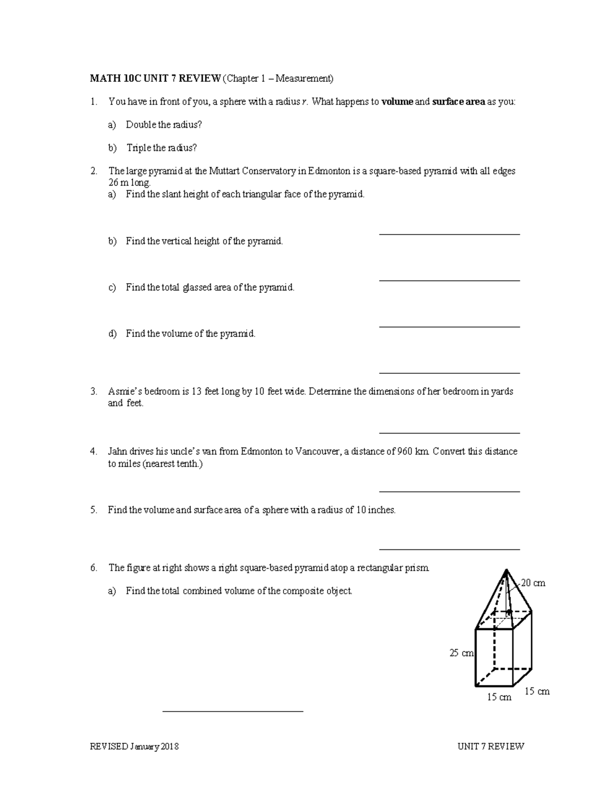 Math 10C Measurement Review - 20 cm 15 cm 25 cm 15 cm MATH 10C UNIT 7 ...