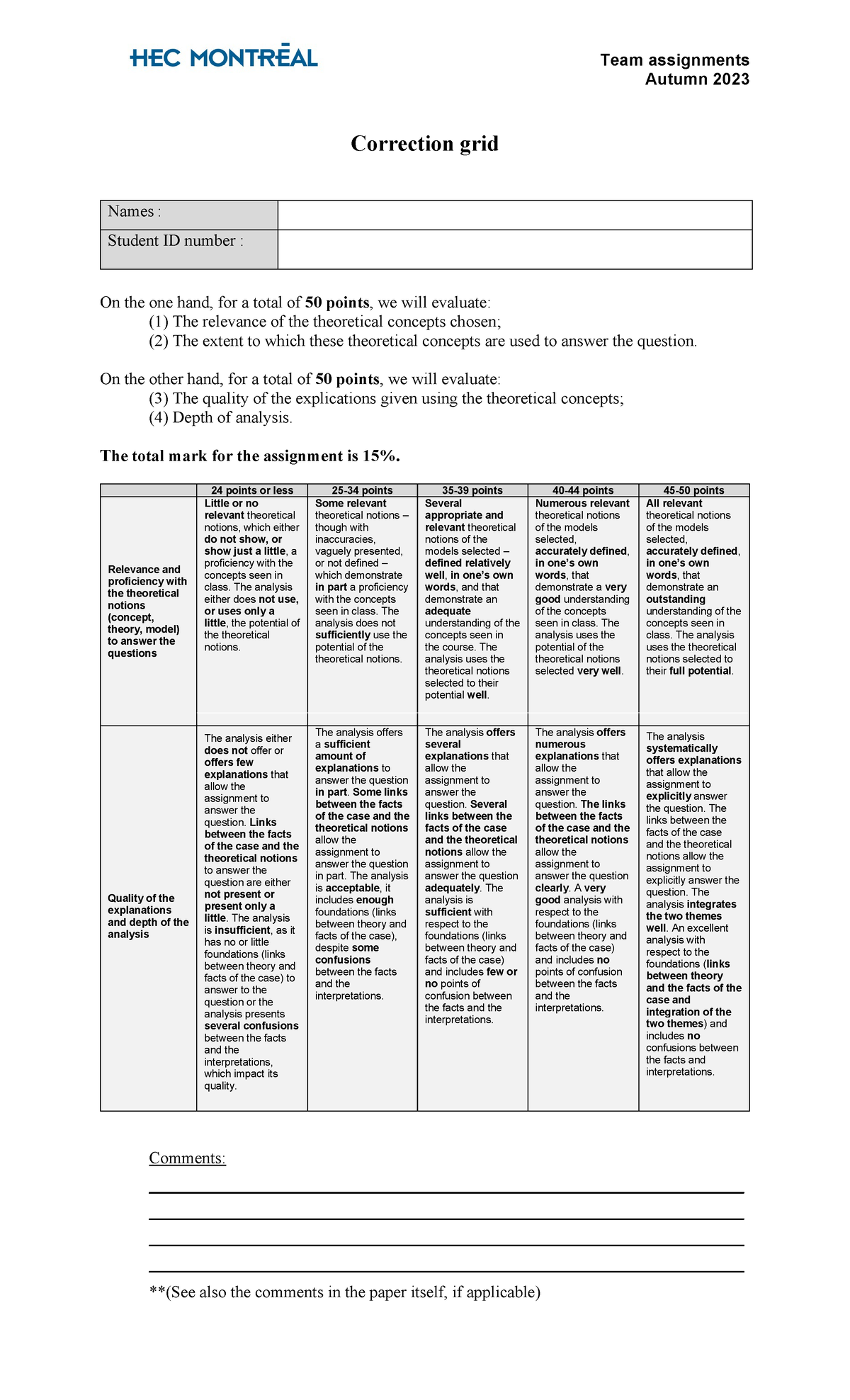A2023-10401-Team Assignment Correction Grid for Evaluation - Studocu