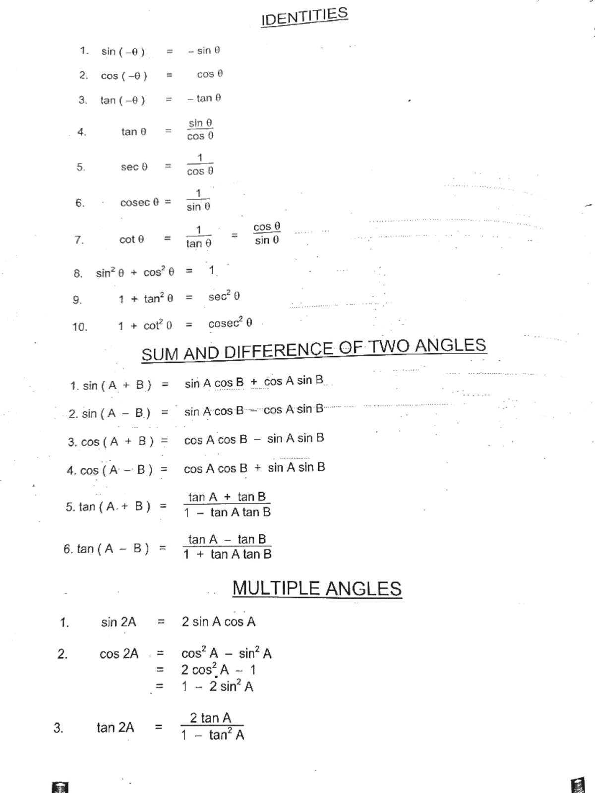 Trigonometry - trig cheat sheets - IDENTITIES 1. sin sin 0 2. cos cos 0 ...