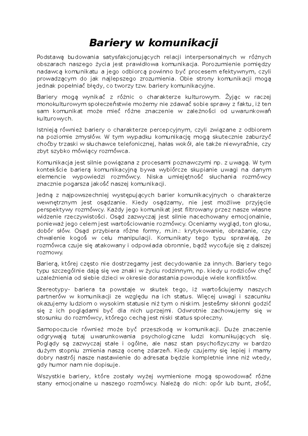 Bariery-w-komunikacji - Bariery w komunikacji Podstawą budowania ...
