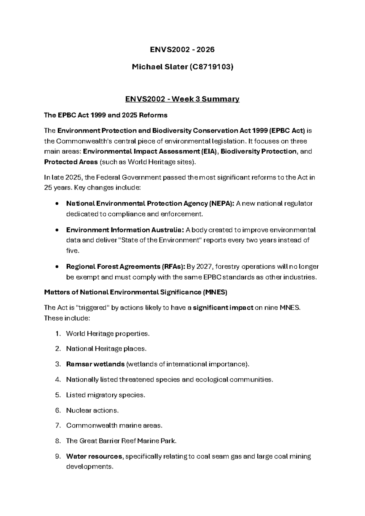 ENVS2002 2026 Week 3 Summary: EPBC Act & 2025 Reforms - Studocu