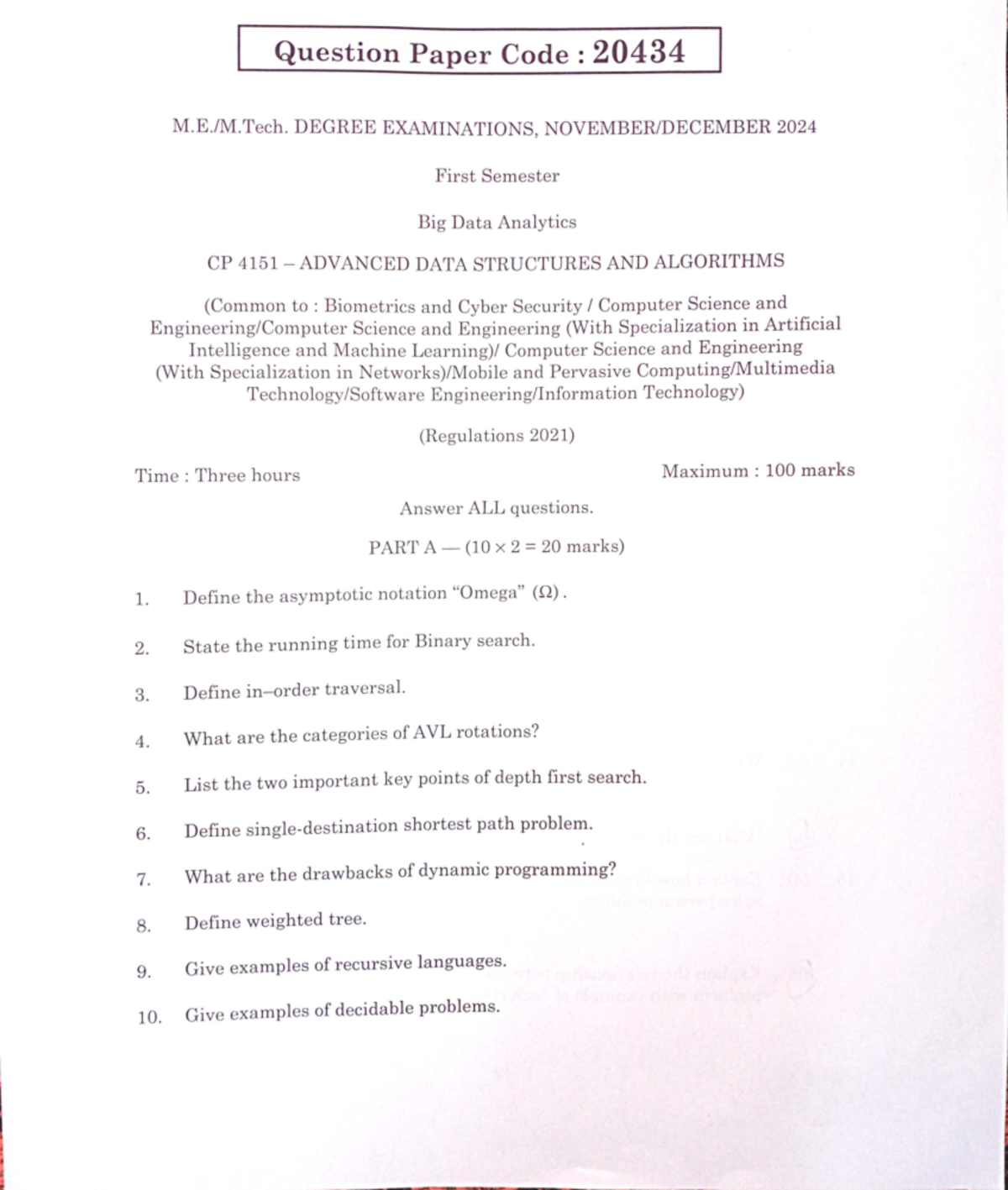 ADS Nov Dec 2024 - CP4151 2024 NOV DEC Question Paper - Question Paper ...
