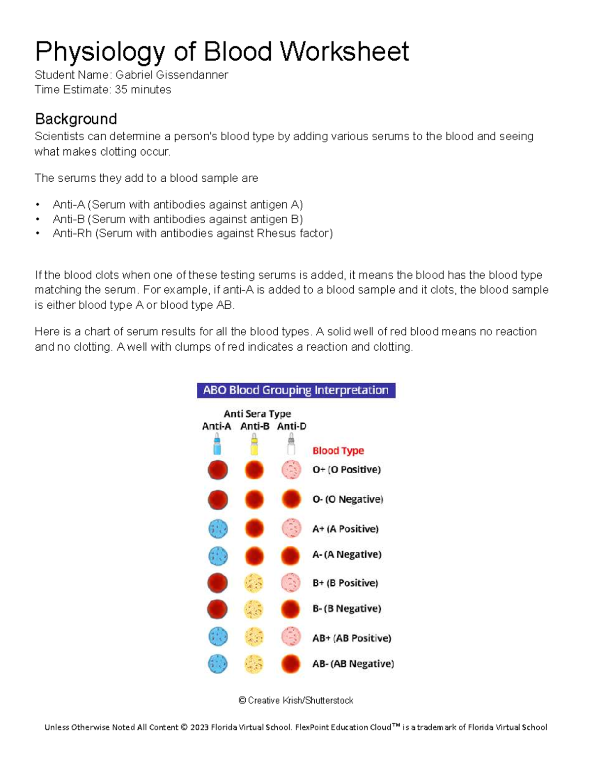 402 Physiology of Blood Worksheet: Blood Type Analysis and Testing ...