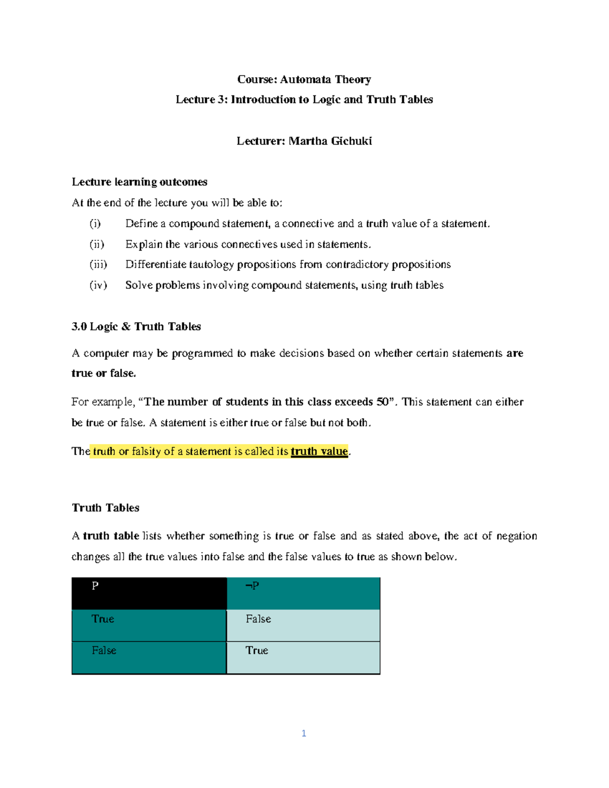 Automata Theory (AT 101) Lecture 3: Logic & Truth Tables Overview - Studocu