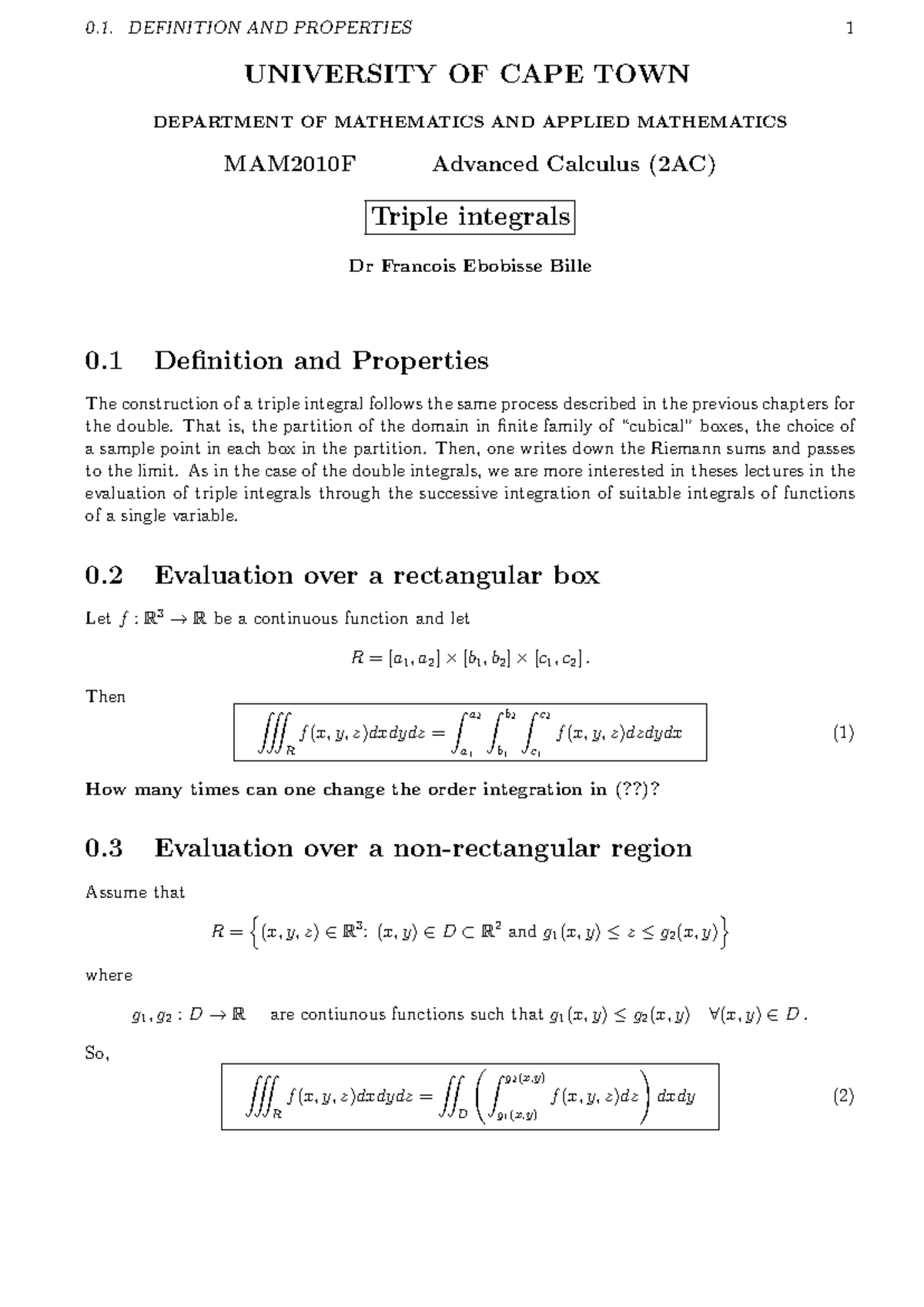 MAM2010F Advanced Calculus: Triple Integrals and Properties - Studocu