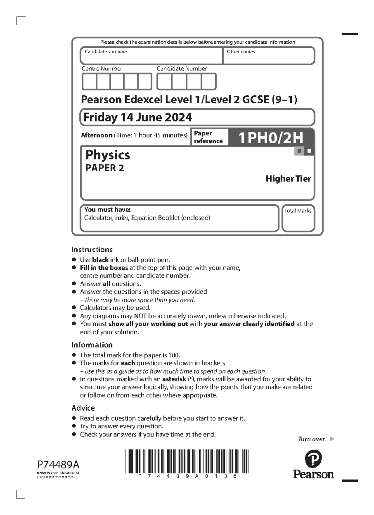 Physics P74489A GCSE Exam Paper 2 - Higher Tier (June 2024) - Studocu