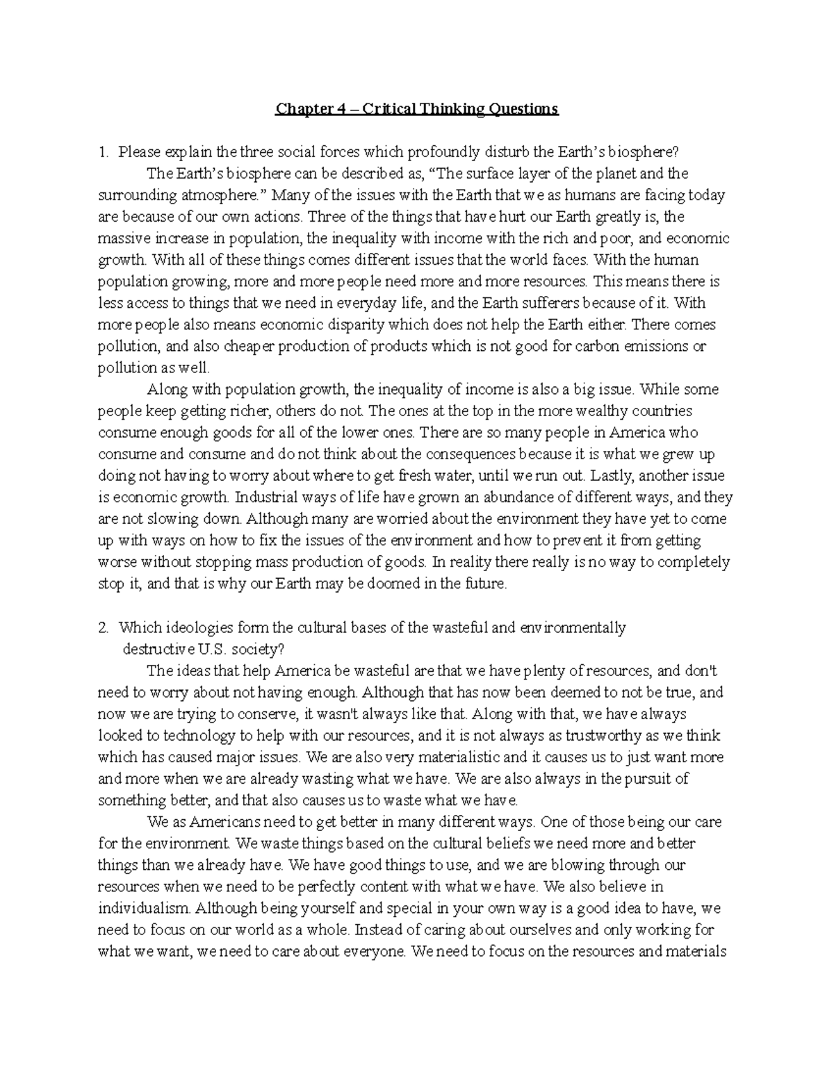 Chapter 4 – Critical Thinking Questions on Environmental Issues - Studocu
