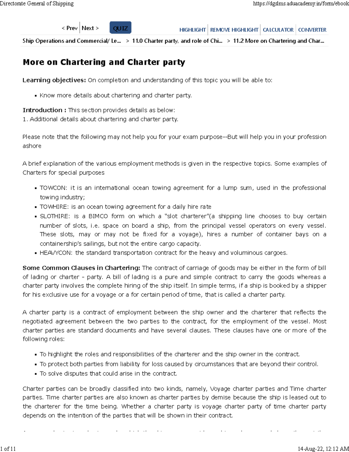 Charter Party Insights: Detailed Notes for Shipping Concepts - Studocu