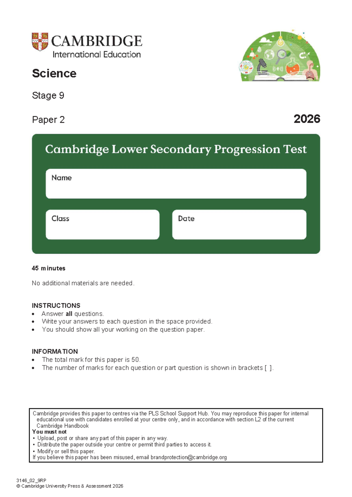 Science Stage 9 2026 Paper 2 Progression Test Questions - Studocu