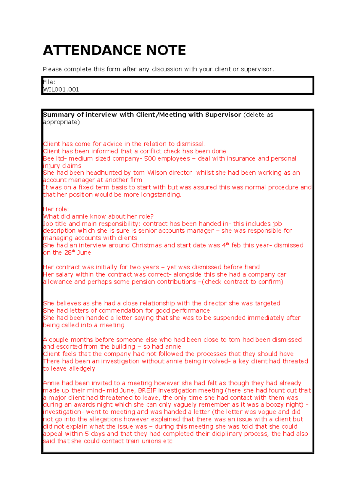WIL001.001 Case Study: Attendance Note on Client Dismissal Issues - Studocu