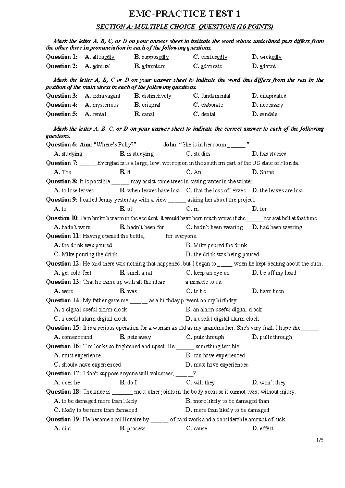 EMC-practice test 1 - good - EMC-PRACTICE TEST 1 SECTION A: MULTIPLE ...