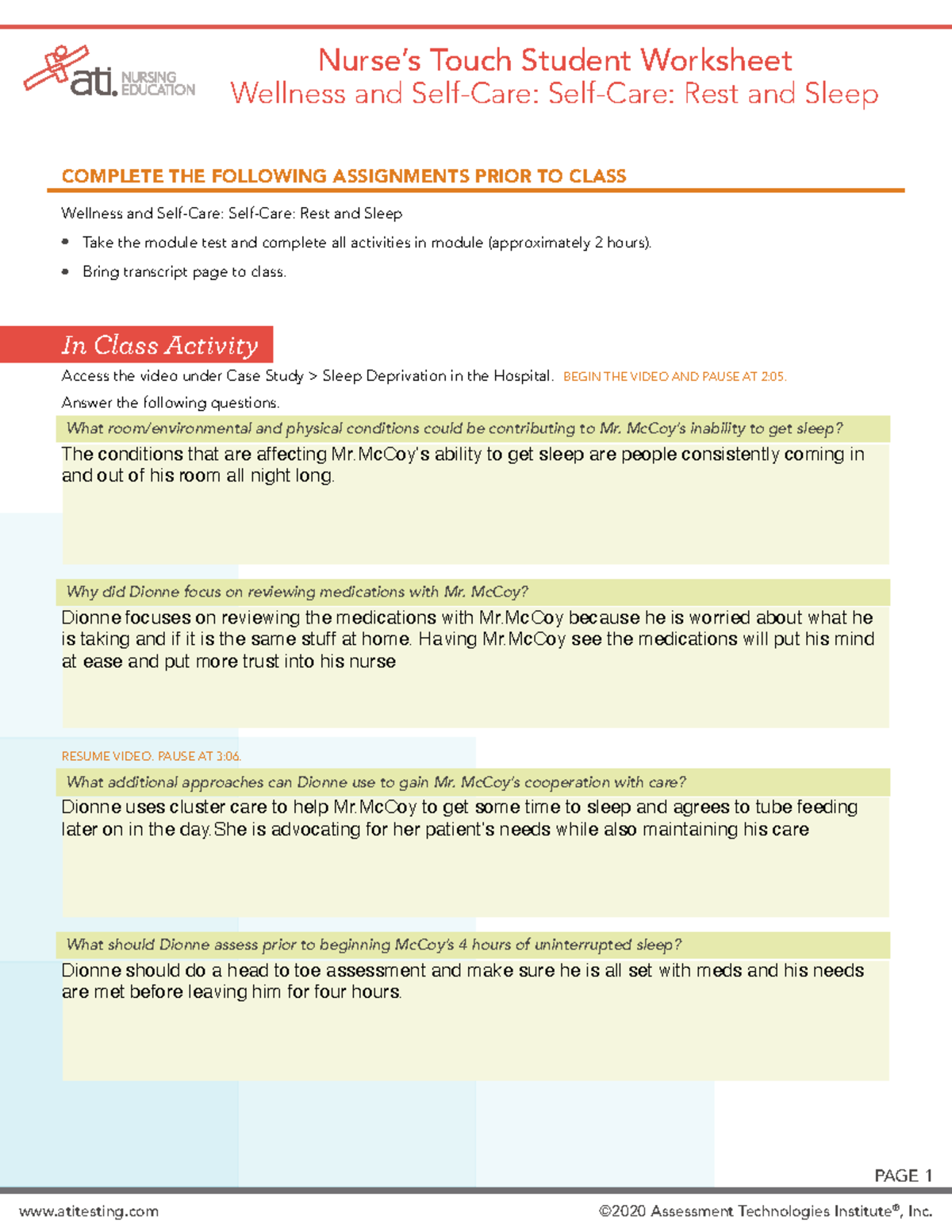 Wellness and Self-Care: Rest and Sleep - Nurse's Touch Worksheet - Studocu