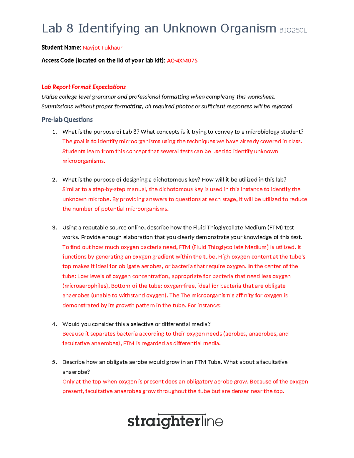 BIO250 Lab 8 - Microbial Identification and FTM Testing Analysis - Studocu