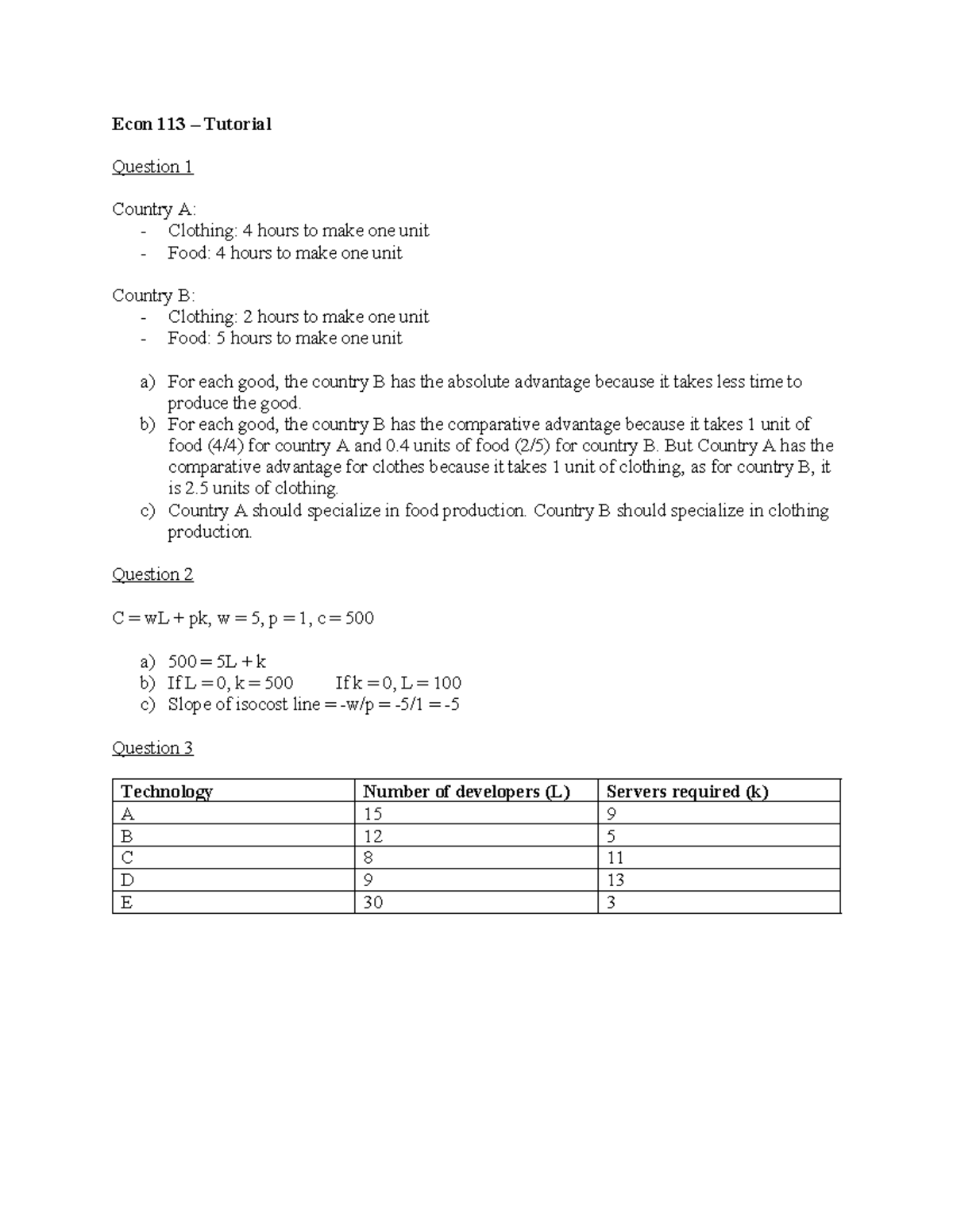 Econ 113 - tutorial - Econ 113 – Tutorial Question 1 Country A ...