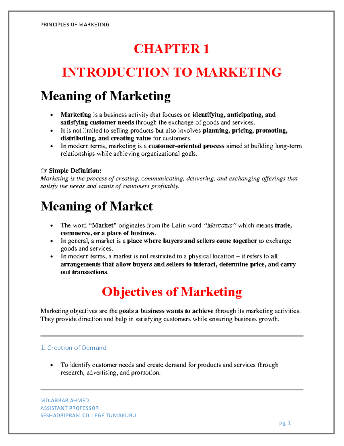 PRINCIPLES OF MARKETING (MKT101) CHAPTER 1: INTRODUCTION TO MARKETING ...