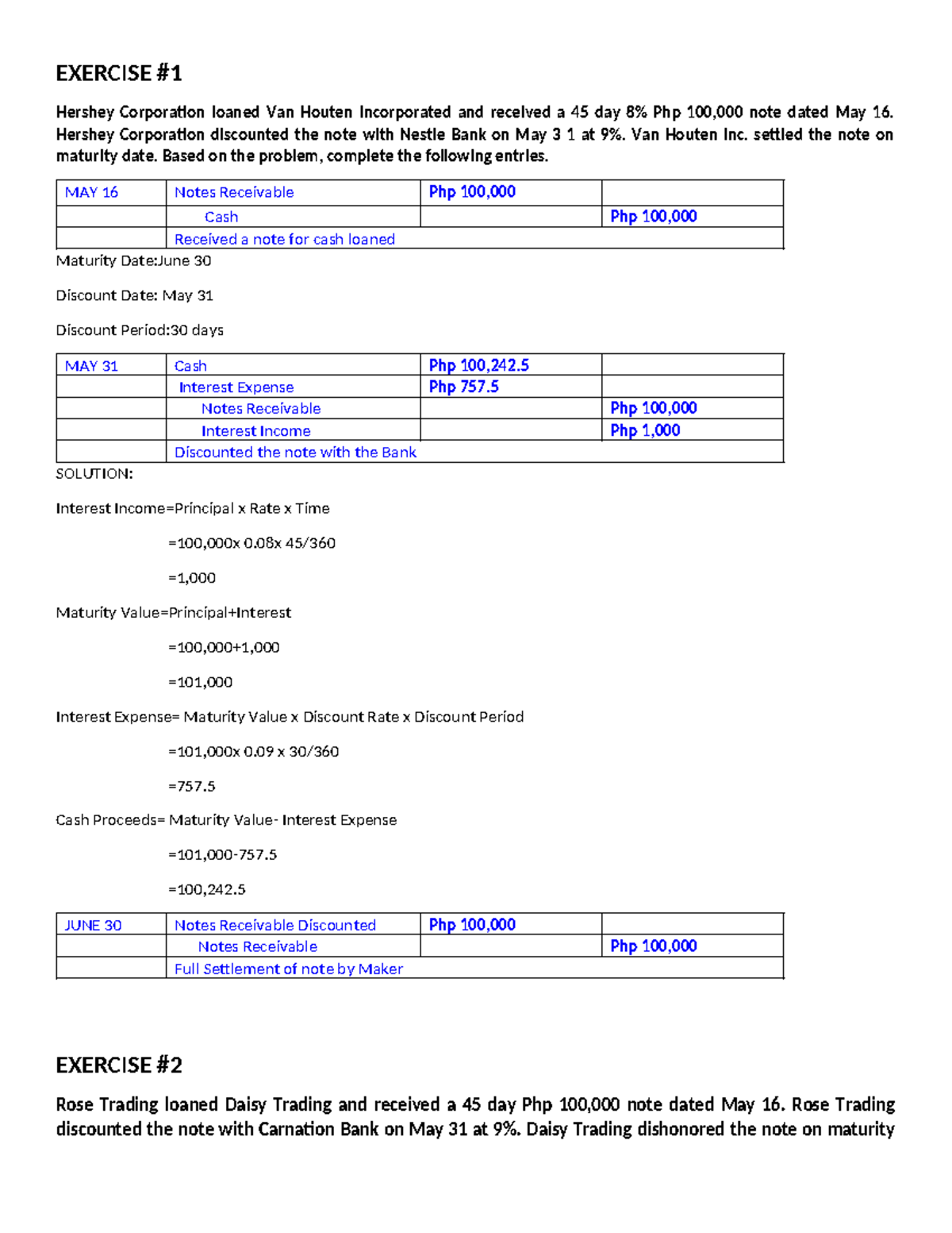 Pro-Forma-Journal Entries-Exercises - EXERCISE Hershey Corporation loaned Van Houten ...