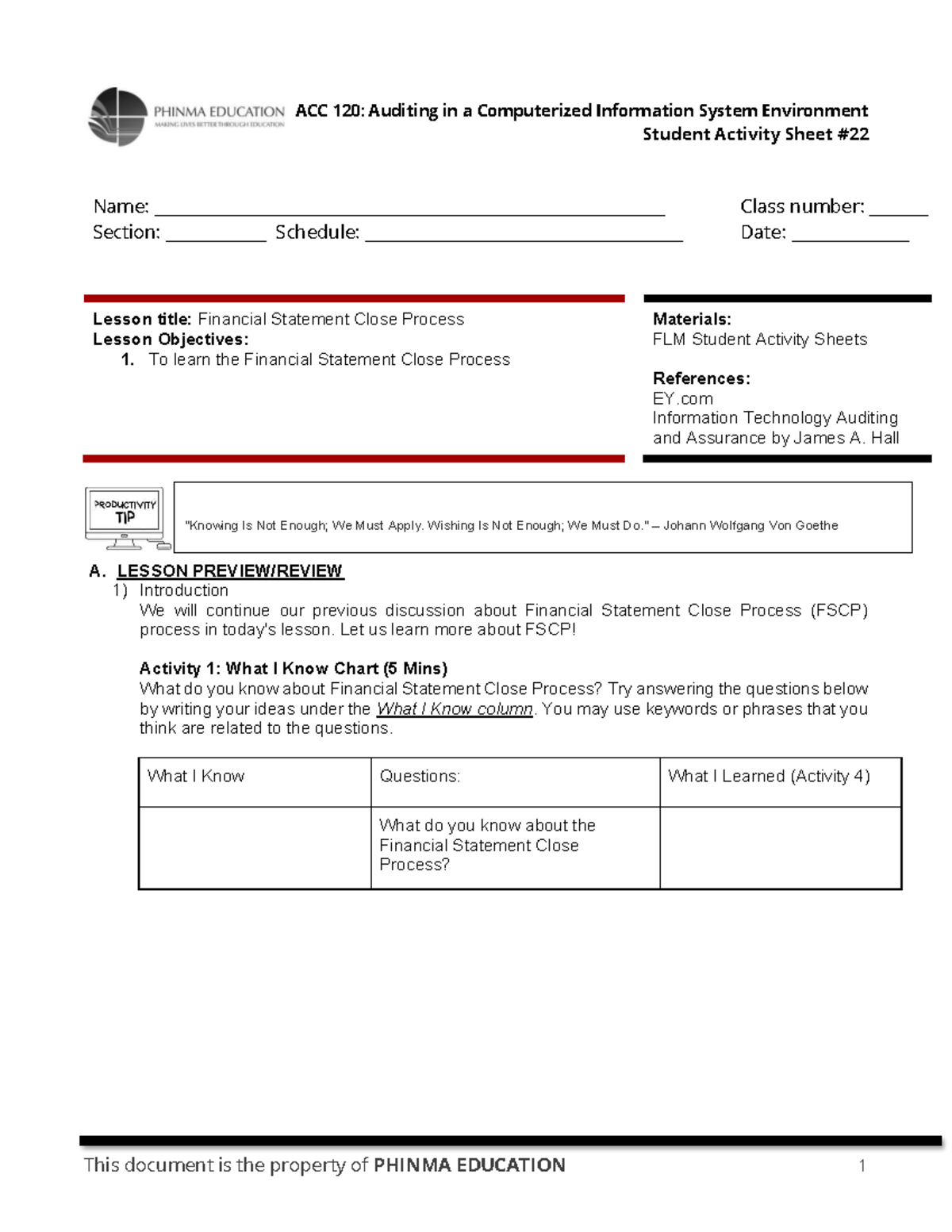 ACC 120: Financial Statement Close Process Lesson Activity Sheet - Studocu