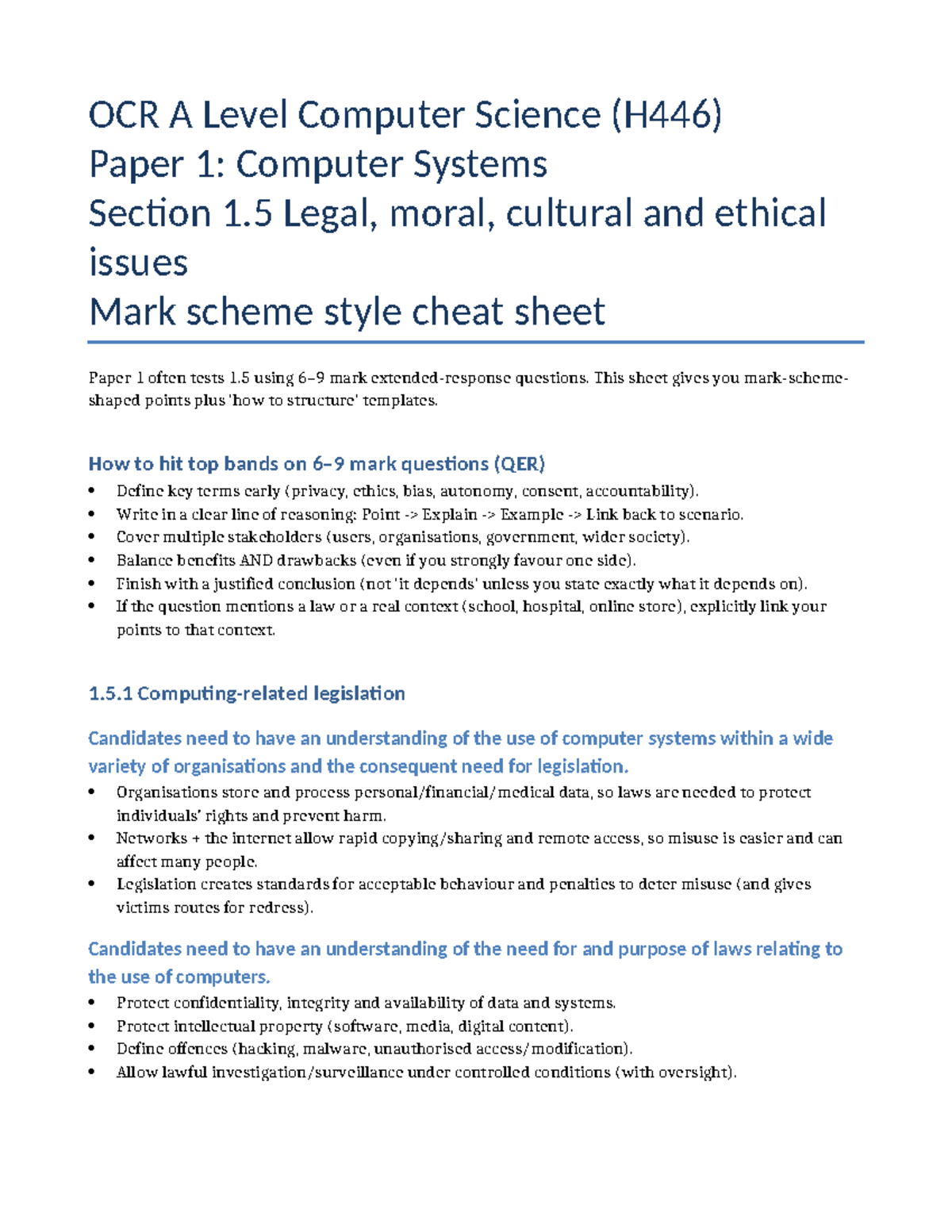 OCR A Level Computer Science (H446) Paper 1: Legal & Ethical Issues ...