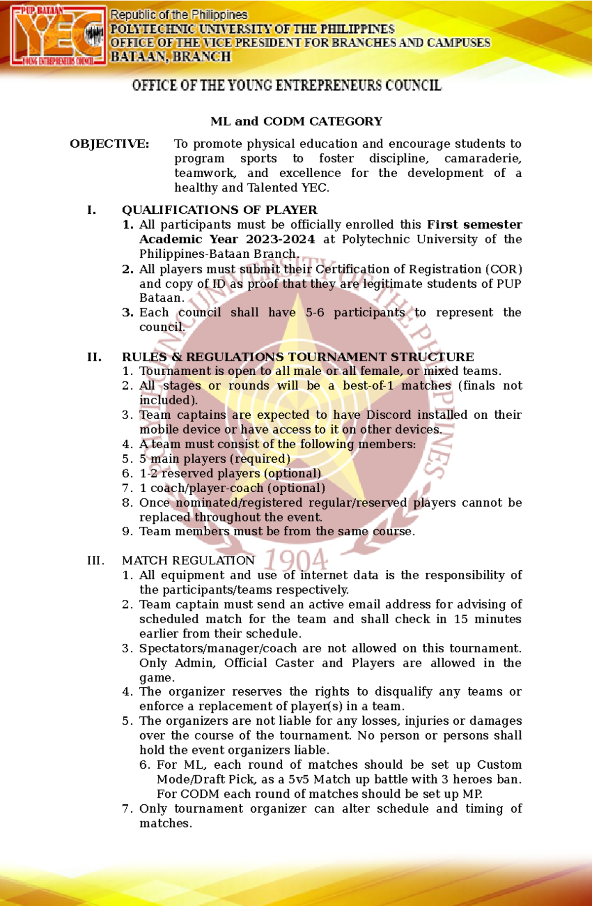 YEC 2023-2024 Week ML & CODM Tournament Guidelines and Rules - Studocu
