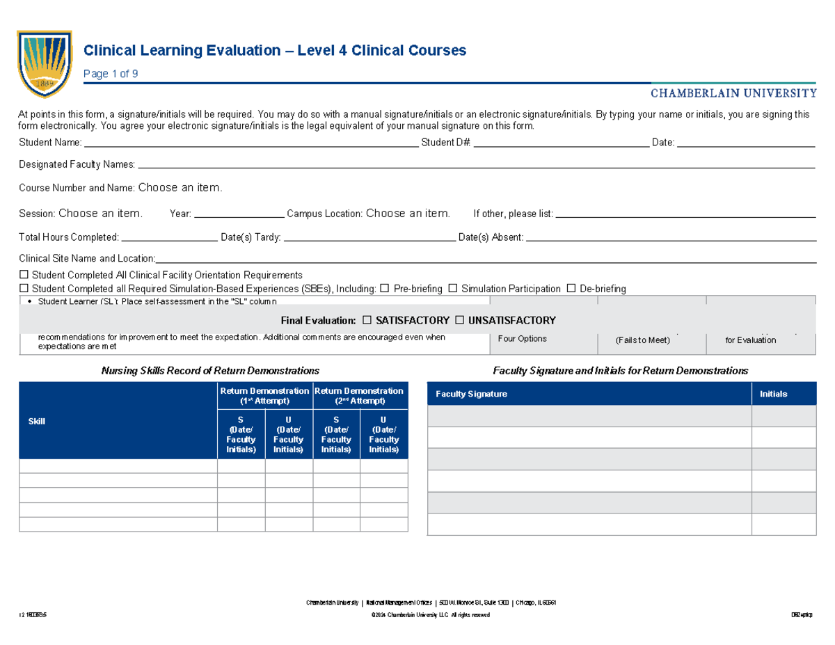 NR 446 Clinical Learning Evaluation Level 4: Student Performance ...